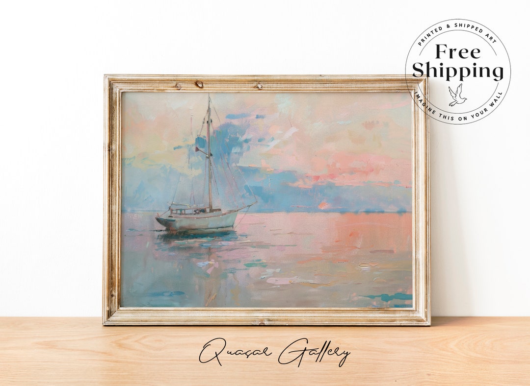 Sunset Boat Scene, Coastal Oil Painting Decor, Pastel Seascape, Ocean ...