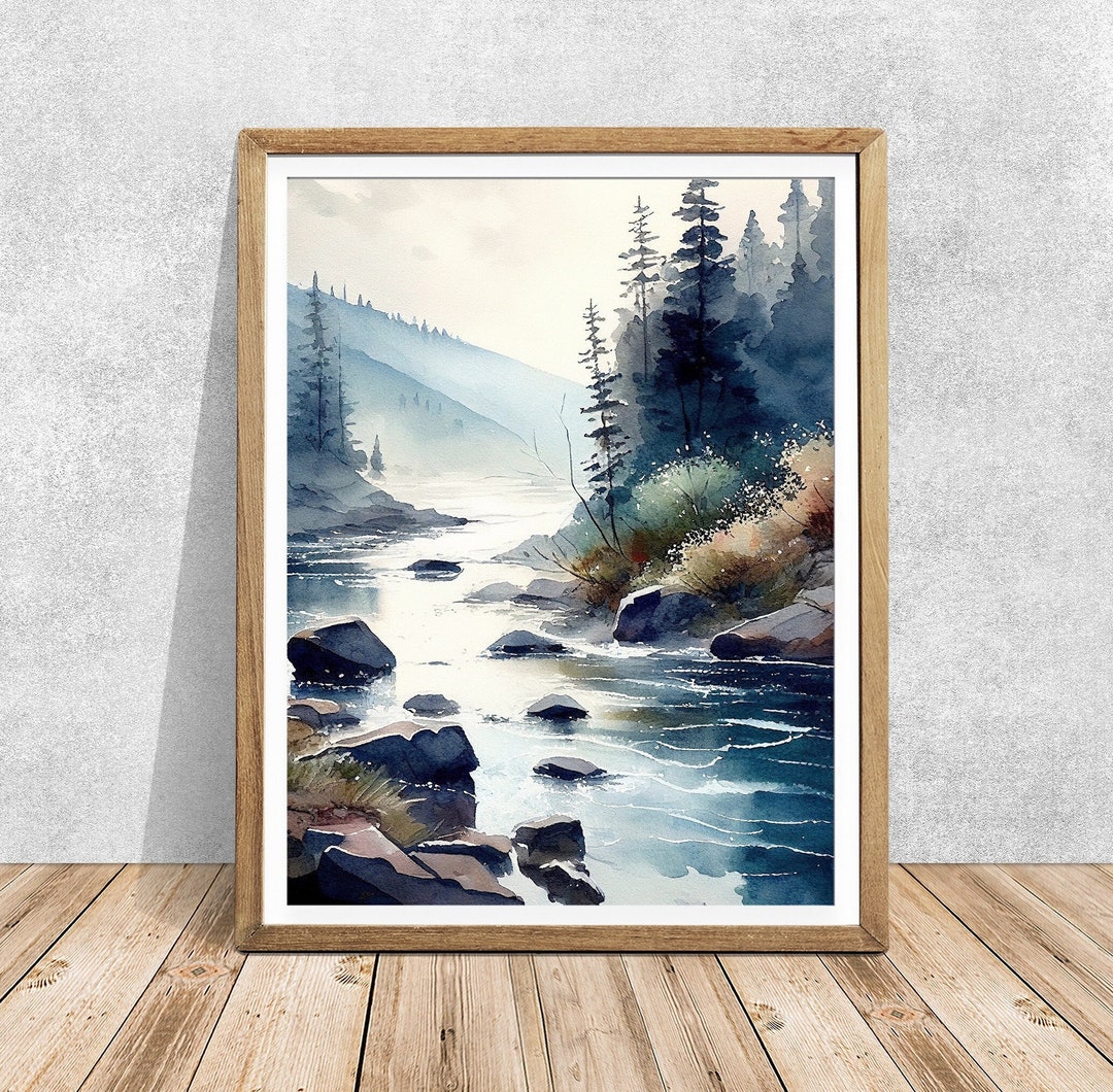 River Watercolor Print, River Art, Modern Landscape Art, Modern Hallway ...