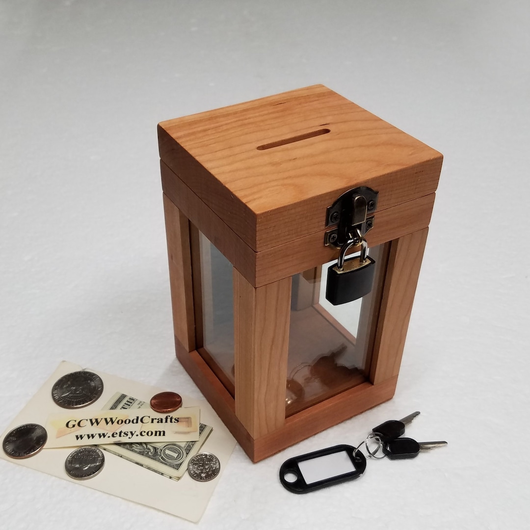 Transparent View Coin Saver Bank Box, Cherry Wood With Bronze Hardware ...
