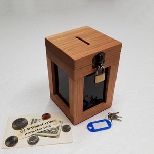 Transparent View Coin Saver Bank, Cherry Wood With Bronze Hardware ...