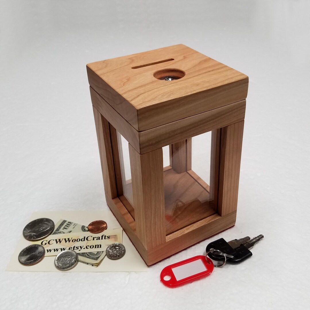 Tamper Resistant Coin Saver Bank Box, Cherry Wood With Clear Acrylic ...