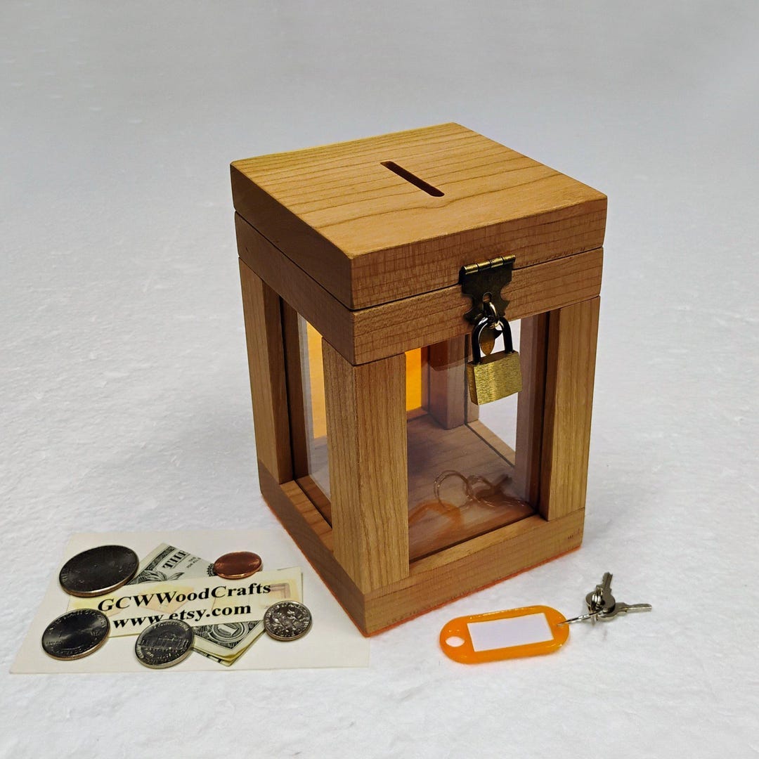 Transparent View Coin Saver Bank Box, Tamper Resistant, Clear and Amber ...