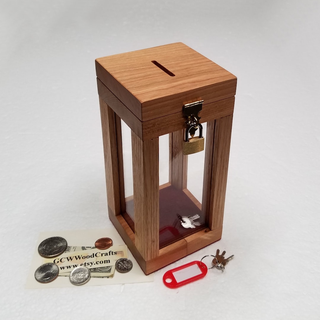 Tamper Resistant Transparent View Coin Saver Bank Box, Cherry and Oak ...