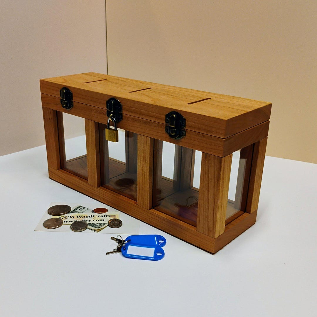 Three Compartment Transparent View Coin Saver Bank Box, Cherry Wood ...