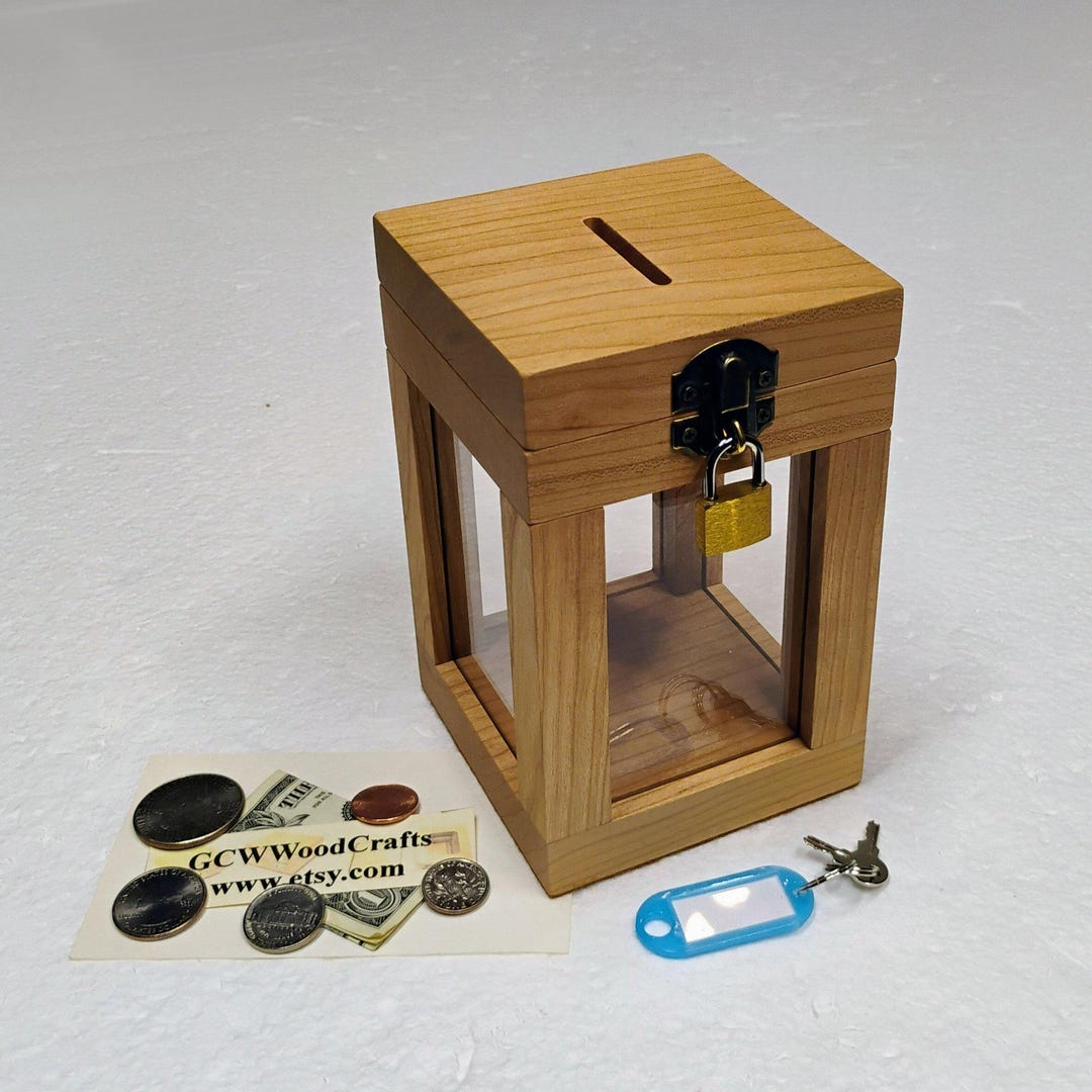 Transparent View Coin Saver Bank Box, Cherry Wood With Bronze Hardware ...