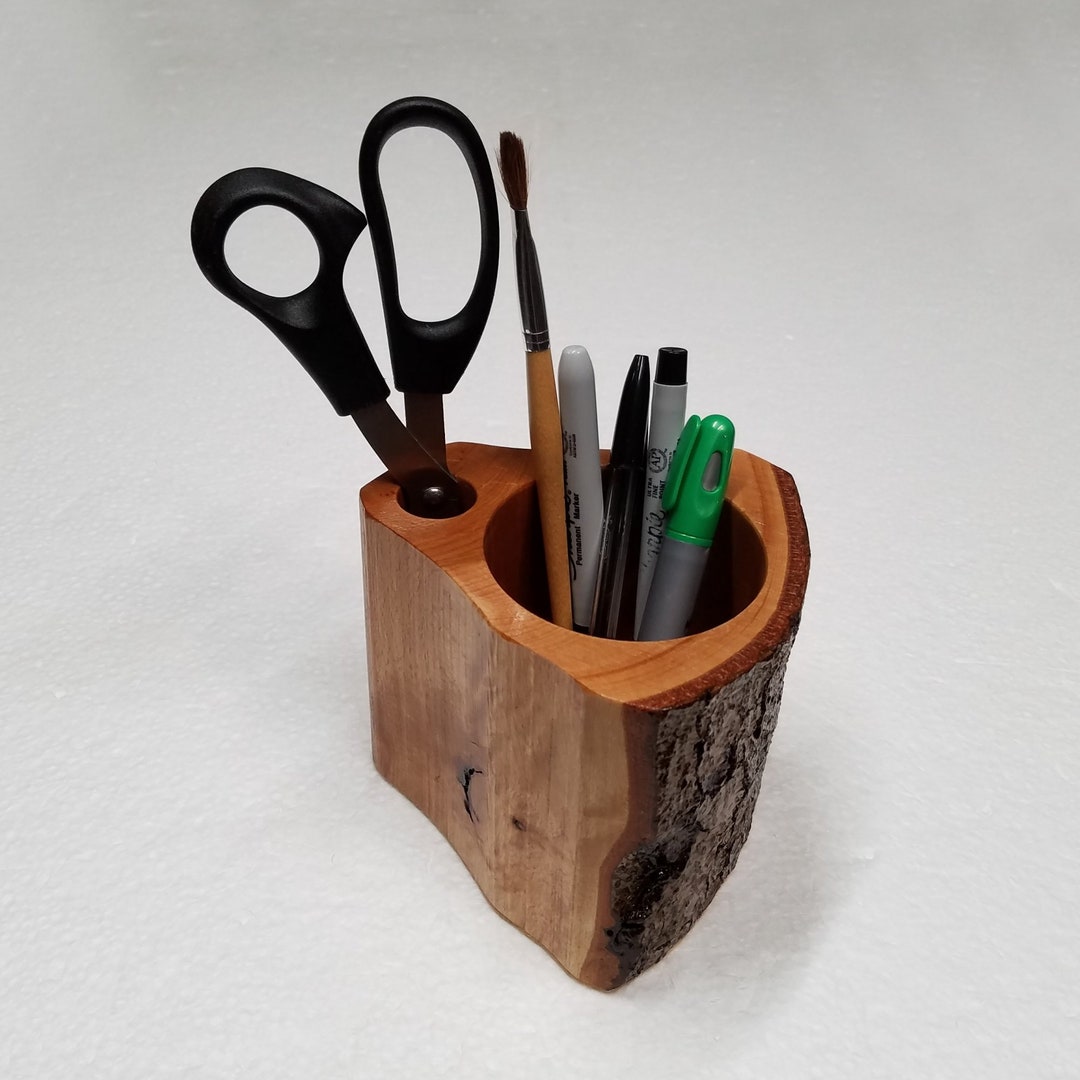 Rustic Desk Organizer With 2 Storage Holes (3", 7/8"), Maple Wood With ...