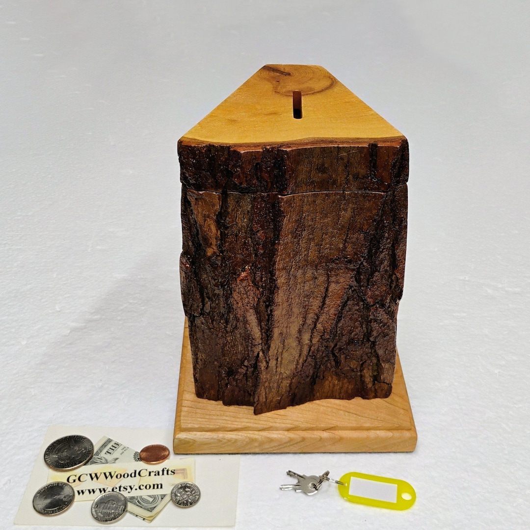 Rustic Cherry Firewood Coin Saver Bank With Bark on a Square Cherry ...