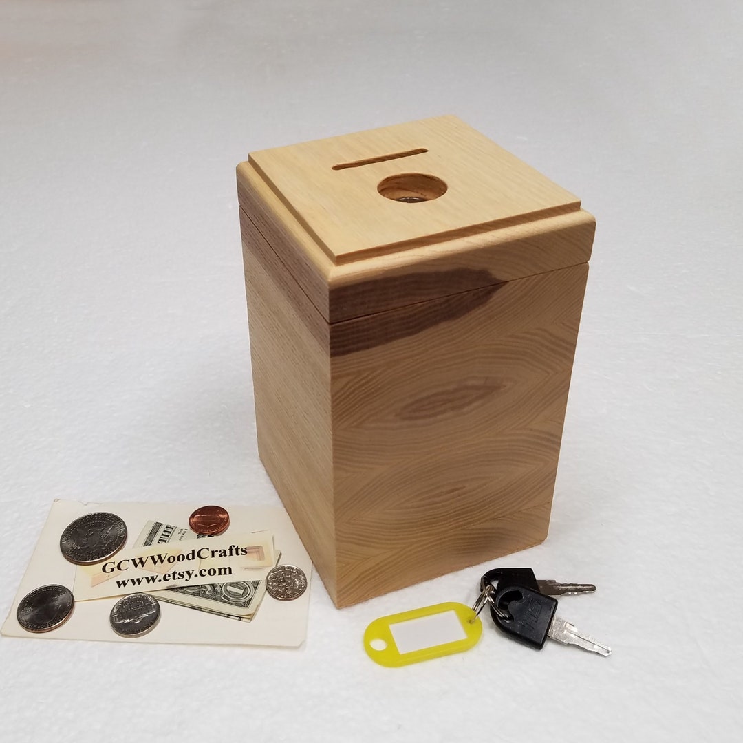 Tamper Resistant Coin Saver Bank Box, Ash Wood, Polyurethane Finish ...