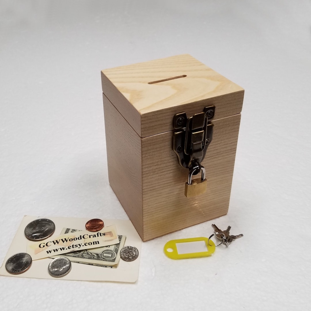 Wooden Coin Saver Bank Box, Ash Wood, Water Based Finish, Bronze ...