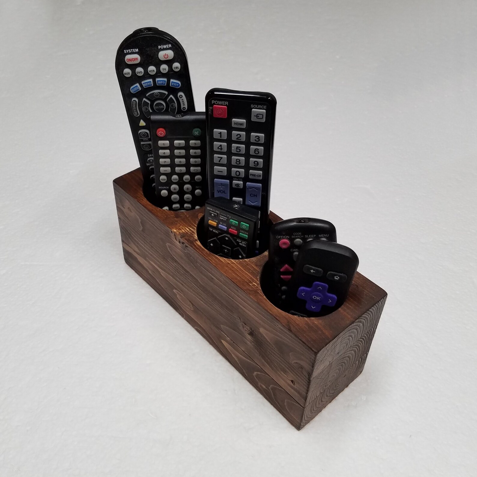 Repurposed Framing Lumber Remote Control Holder, Three 2-1/2 Inch Round ...