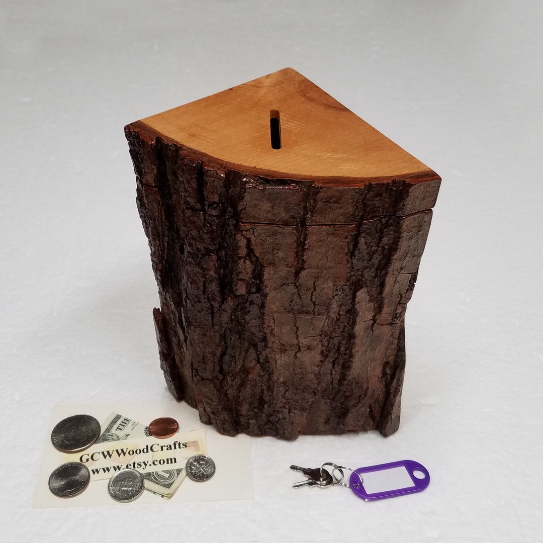 Rustic Rough Cut Cherry Firewood Coin Saver Bank Box, Brass Hardware ...