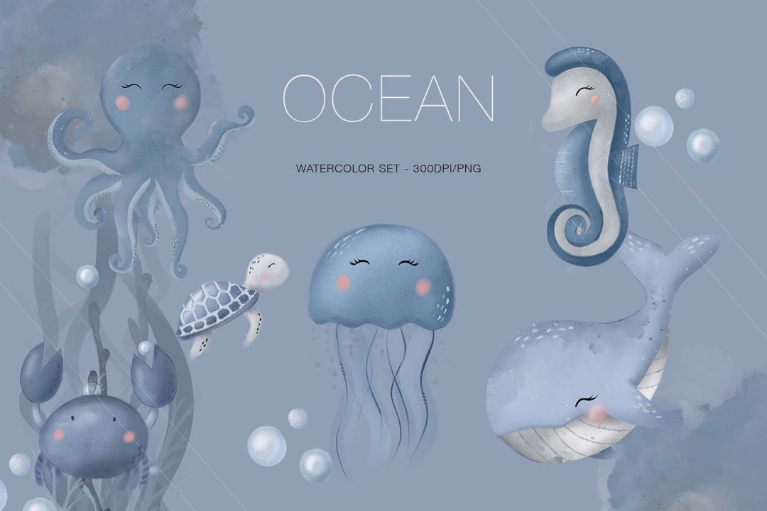 OCEAN Watercolor Set, Png Transparent Background, Stickers, Clipart ...