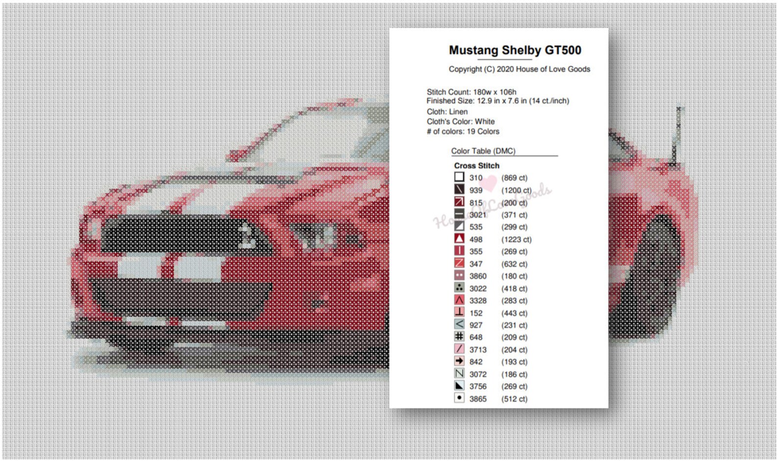 Sports Car Cross Stitch Pattern, Mustang Shelby GT500 Cross Stitch ...