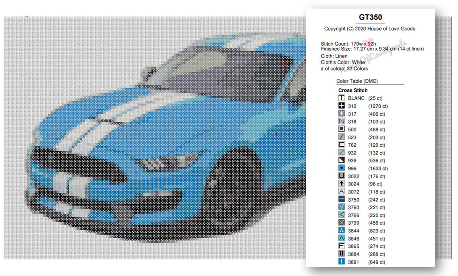 Sports Car Cross Stitch Pattern, Mustang Shelby GT350 Cross Stitch ...