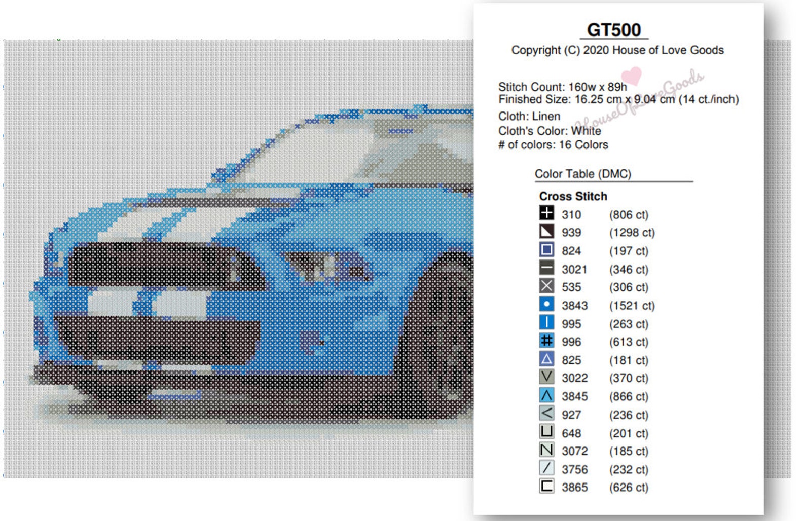 Sports Car Cross Stitch Pattern, Mustang Shelby GT500 Cross Stitch ...