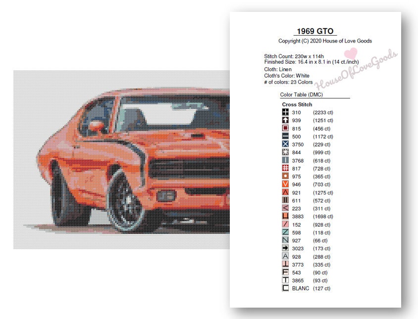 1969 Pontiac GTO Car Cross Stitch Pattern, Vintage Car Cross Stitch ...