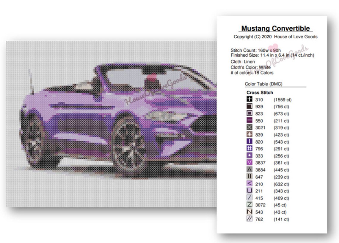 Sports Car Cross Stitch Pattern, Mustang Convertible Cross Stitch ...