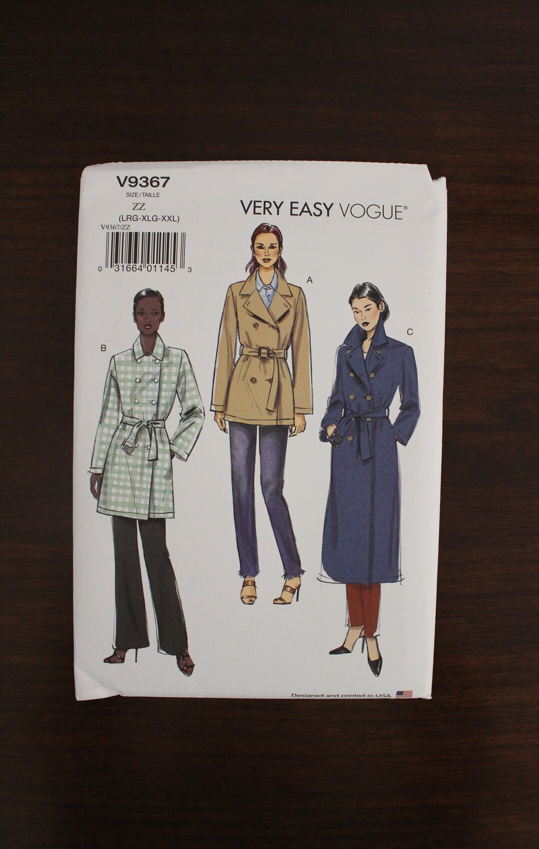 Vogue V9367 Coat, Double Breasted W Belt, Loose, Unlined, Three Lengths ...