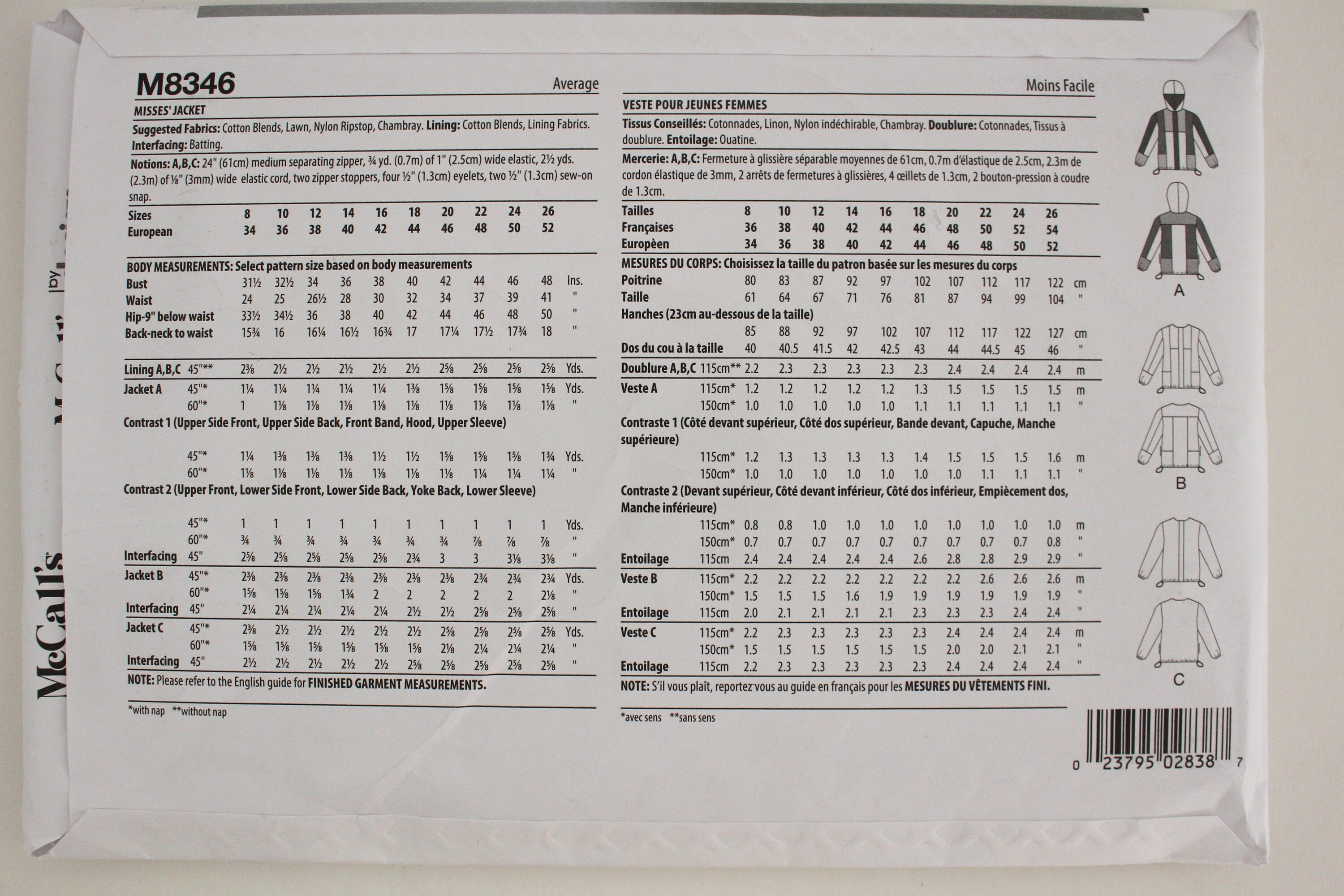 Quilted Jacket Pattern With Color Block Variations, M8346 Mccall's, Zip ...