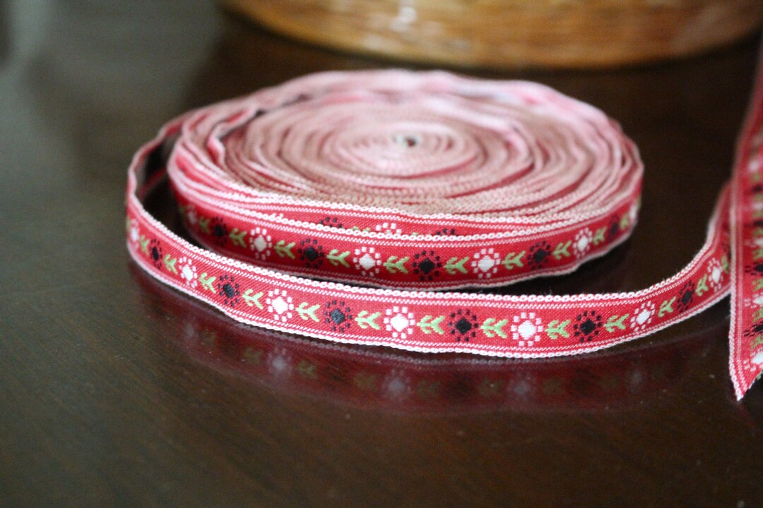 Narrow 3/8" Woven Ribbon, Folk Art Floral Ribbon, Sweet Flower Motif ...