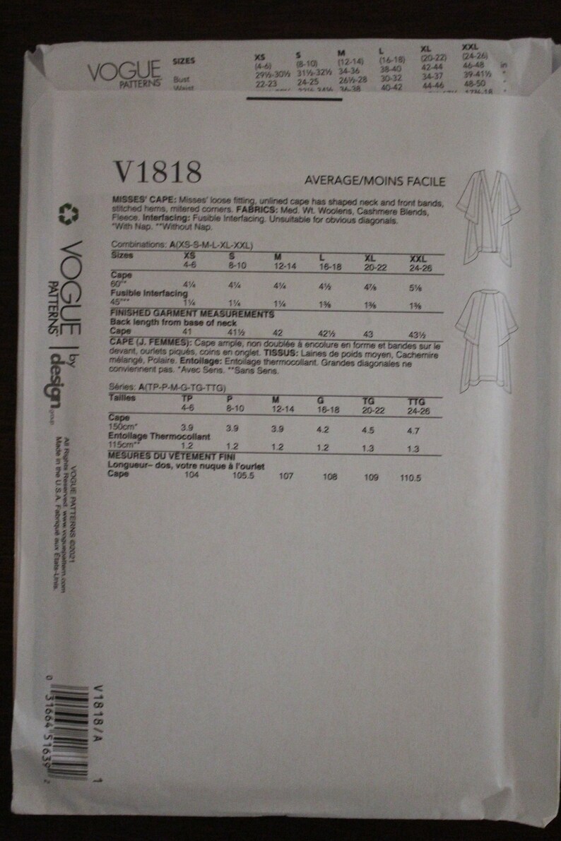 Vogue V1818 Misses' Cape, Loose-fitting Unlined Cape, Shaped Neck, Tom ...