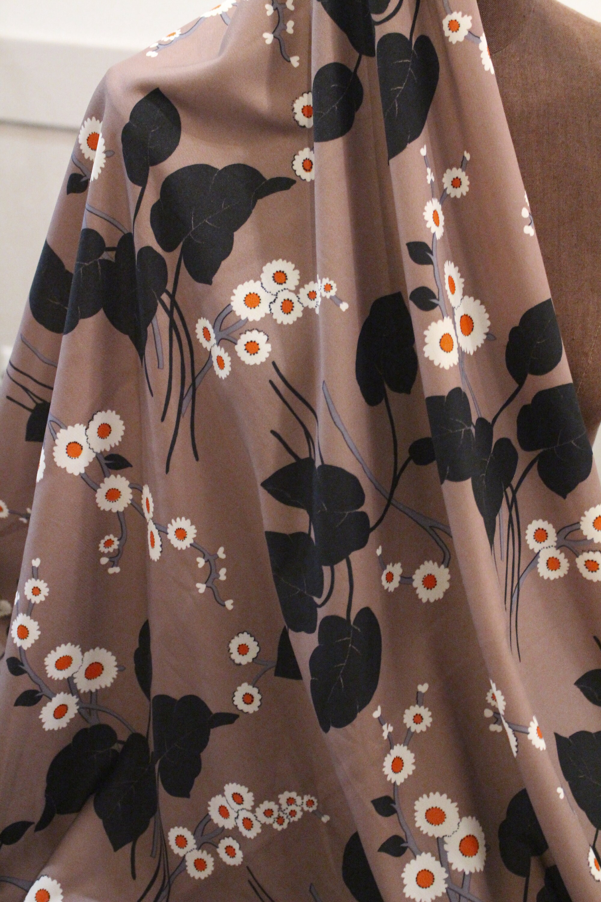 Vintage Floral Fabric, Drapey Polyester in Shades of Brown, Black ...