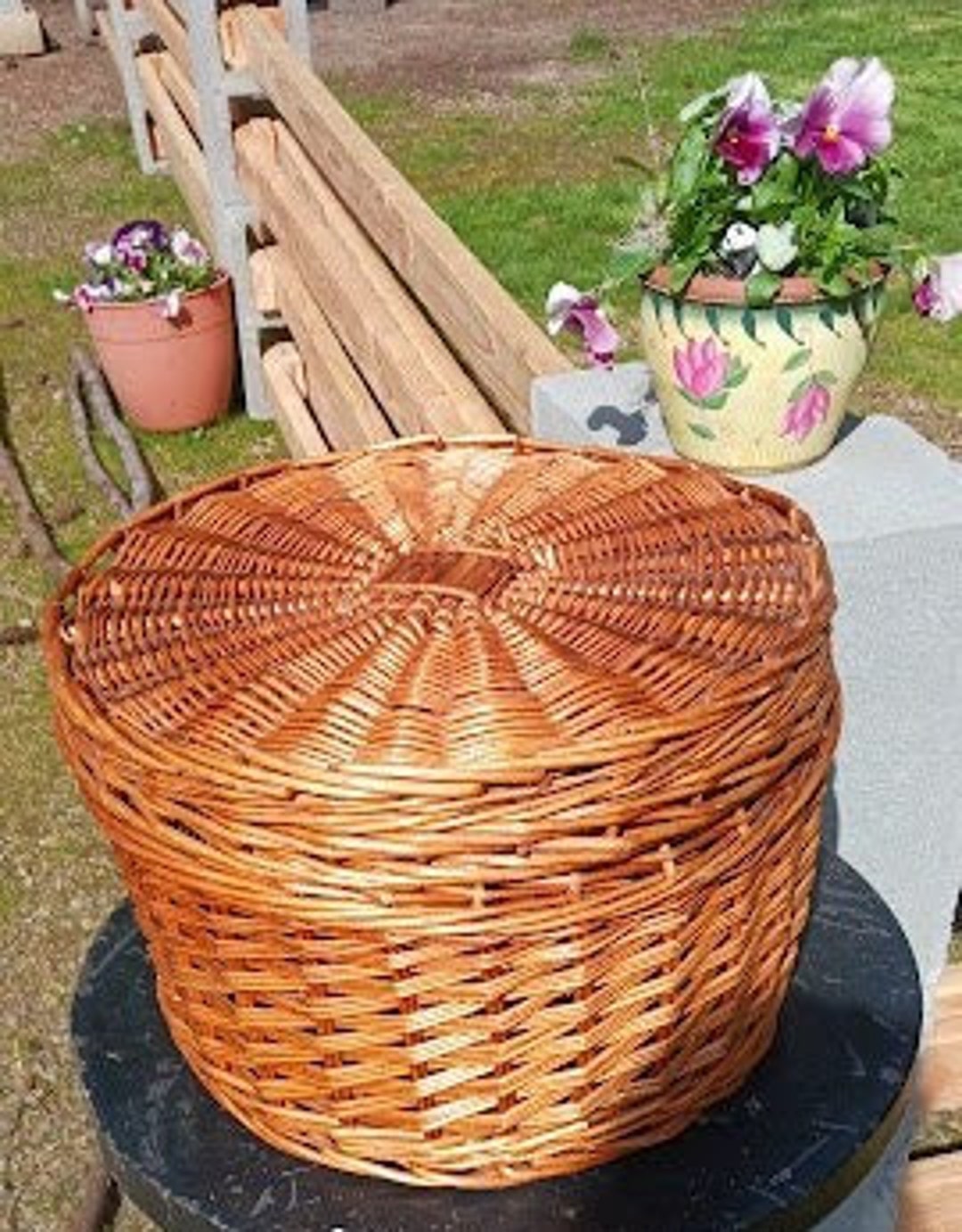 Large Round Wicker Woven Storage Basket Lid Vintage - Etsy