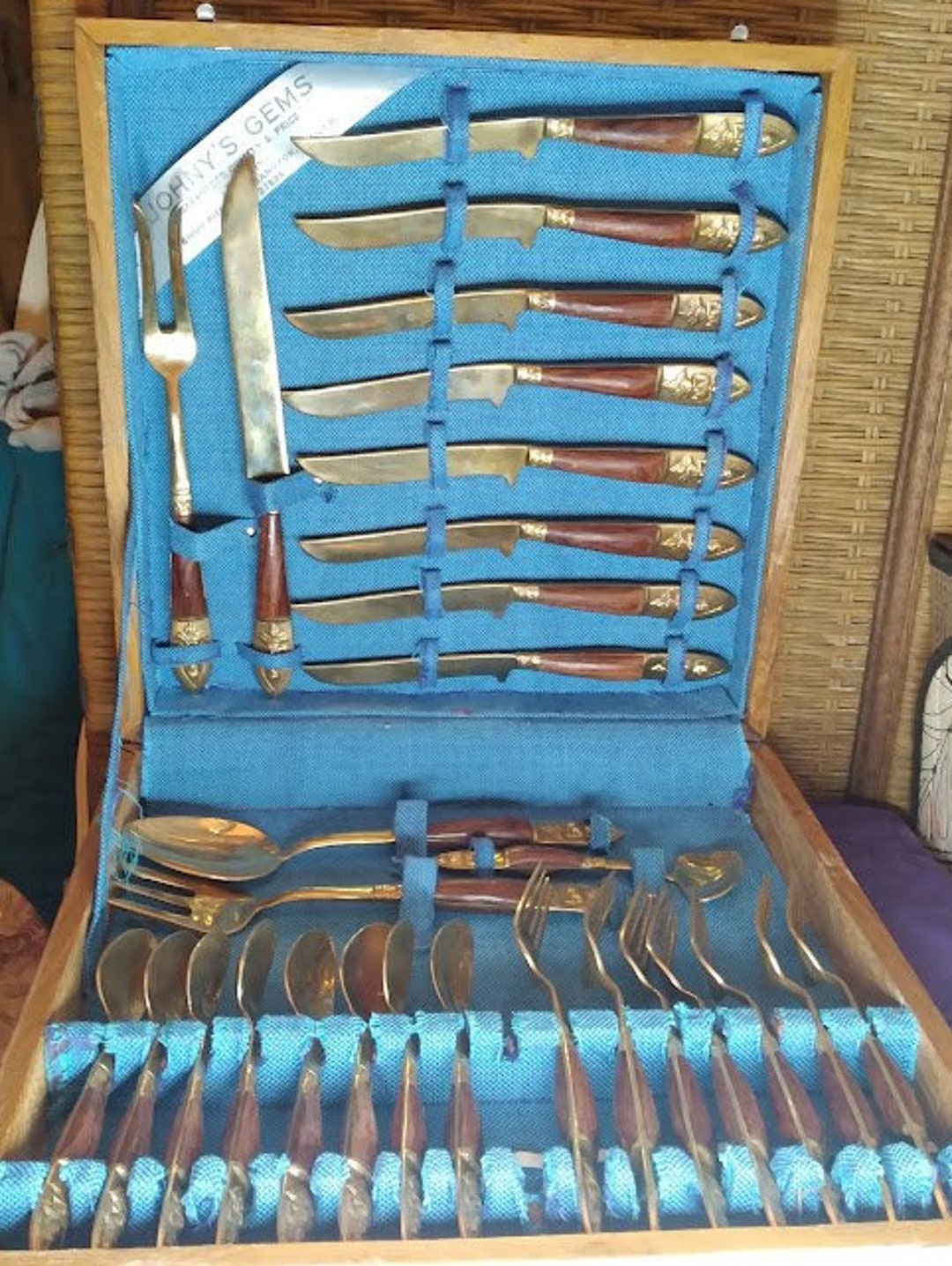 Vintage Brass Teak Flatware Set: Bangkok Cutlery With Deity Figures - Etsy