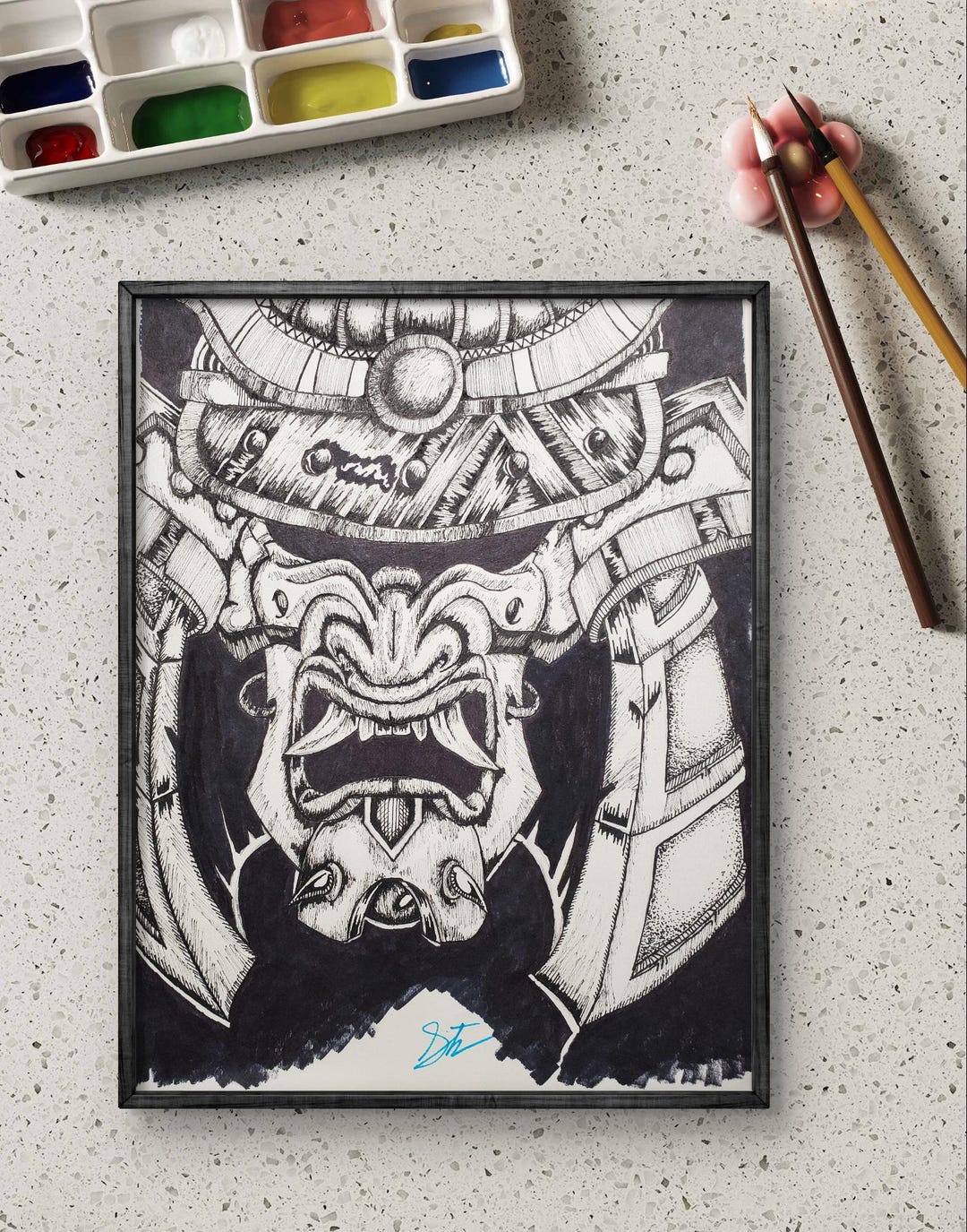 Black and White Samurai Mask Art Print Bold Japanese Warrior ...