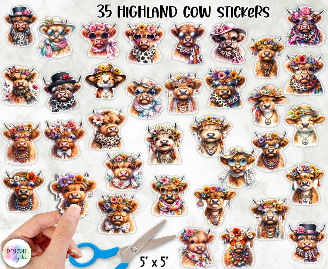 Highland Cow Stickers | Cute Cow PNG | Printable Stickers Bundle ...