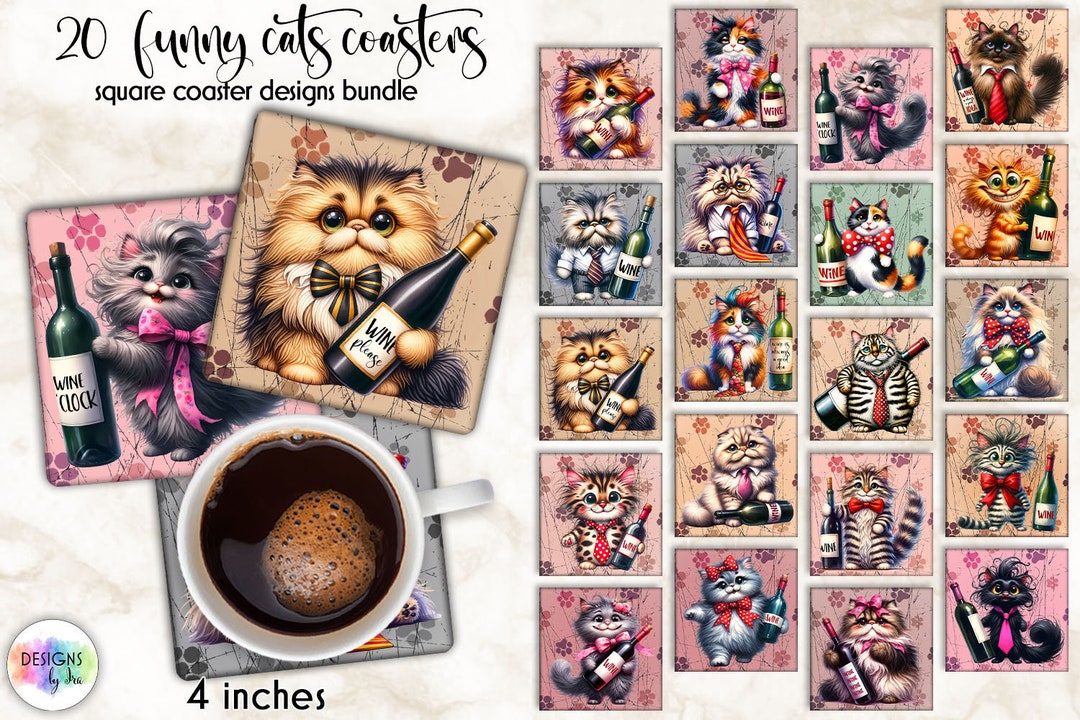 Funny Cats Coaster Sublimation Bundle | Square Coaster Designs Bundle | Cat Lover Coaster ...