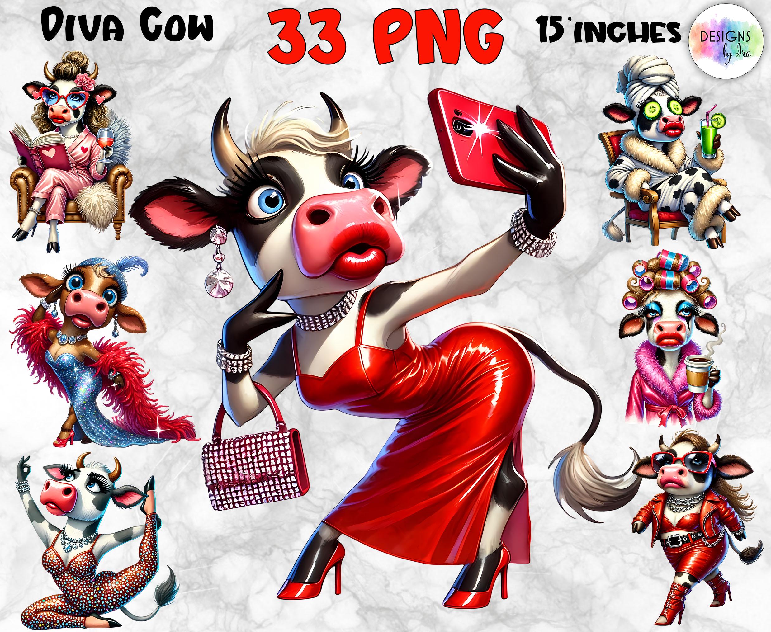 Diva Cow PNG Clipart Bundle: Glam Fashion, Funny Sarcastic Graphics ...