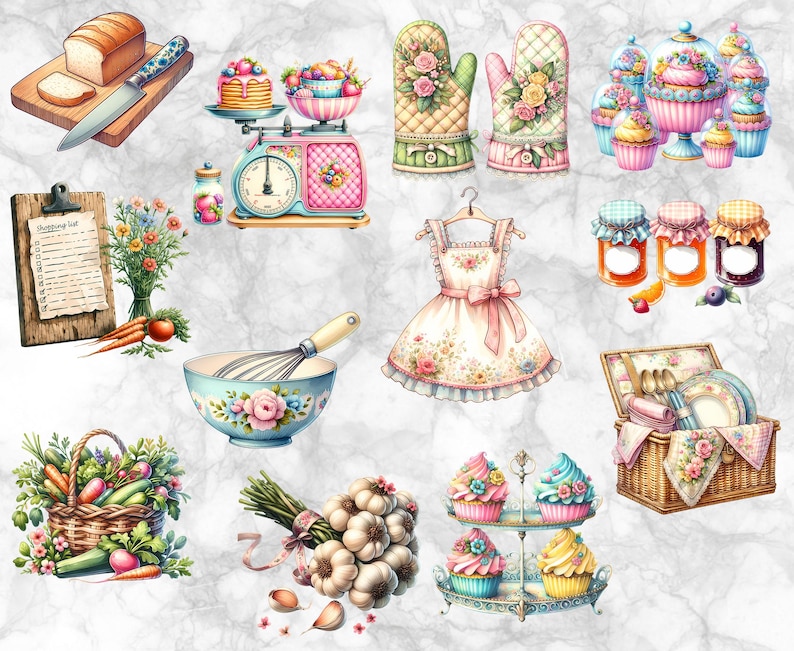 Vintage Kitchen Clipart Bundle | Retro Floral Cooking & Baking ...