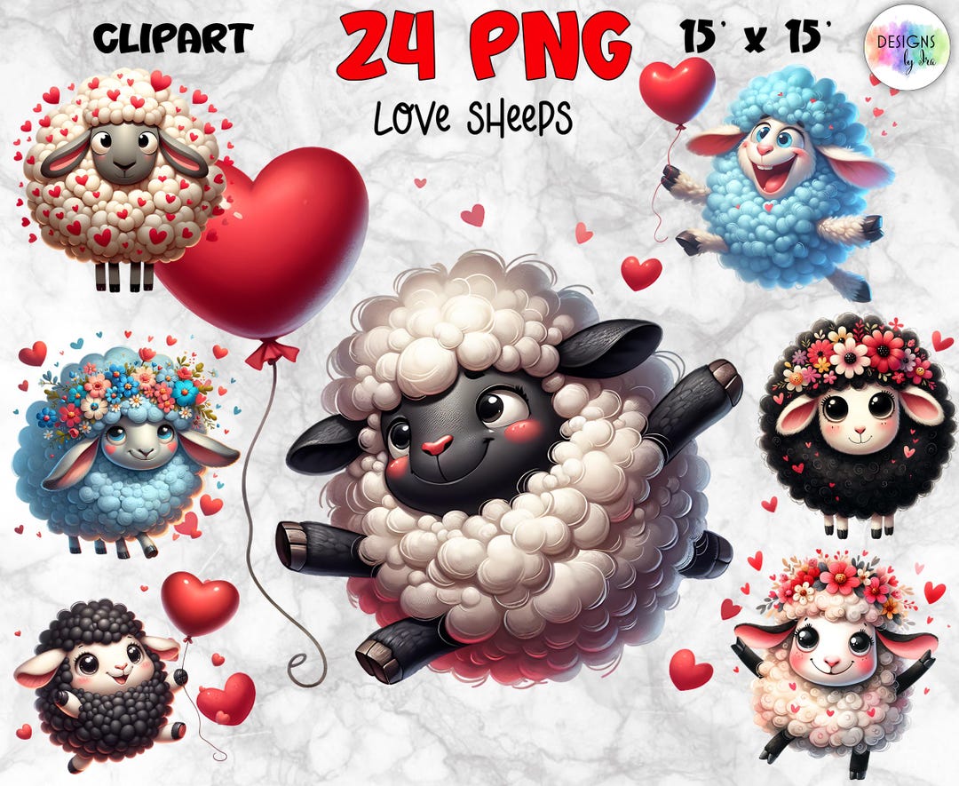 Cute Valentine Sheep Clipart, Fluffy Love Lambs With Hearts, Valentine ...