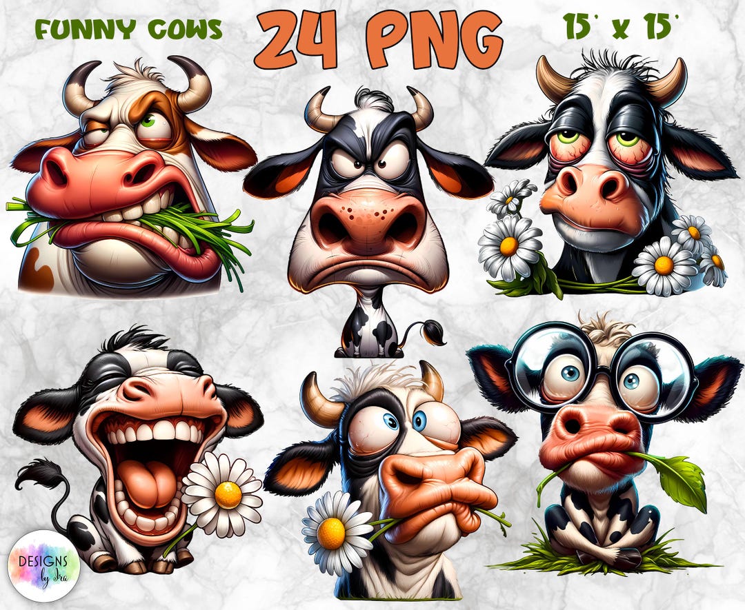 Funny Cow Clipart Bundle | Grumpy Cow Face PNG | Sarcastic Cows Clipart ...