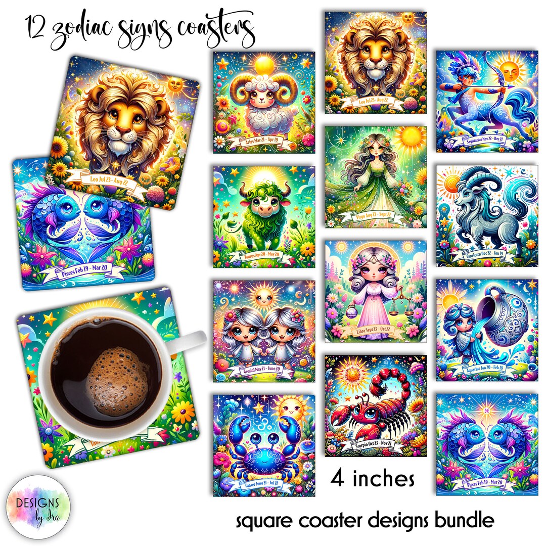 Zodiac Signs Coasters Bundle | Printable Square Coasters | Cartoon ...