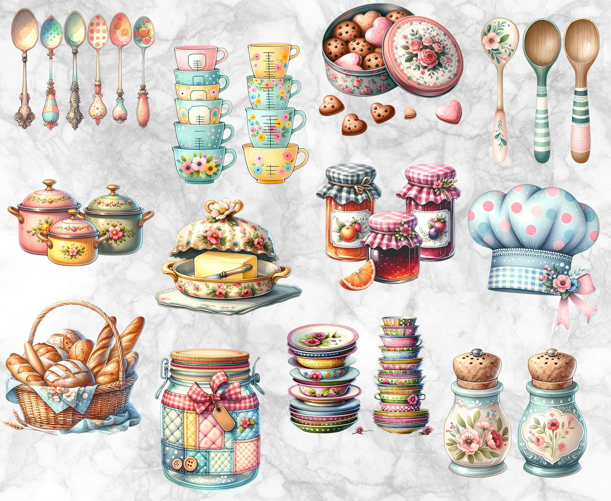 Vintage Kitchen Clipart Bundle | Retro Floral Cooking & Baking ...