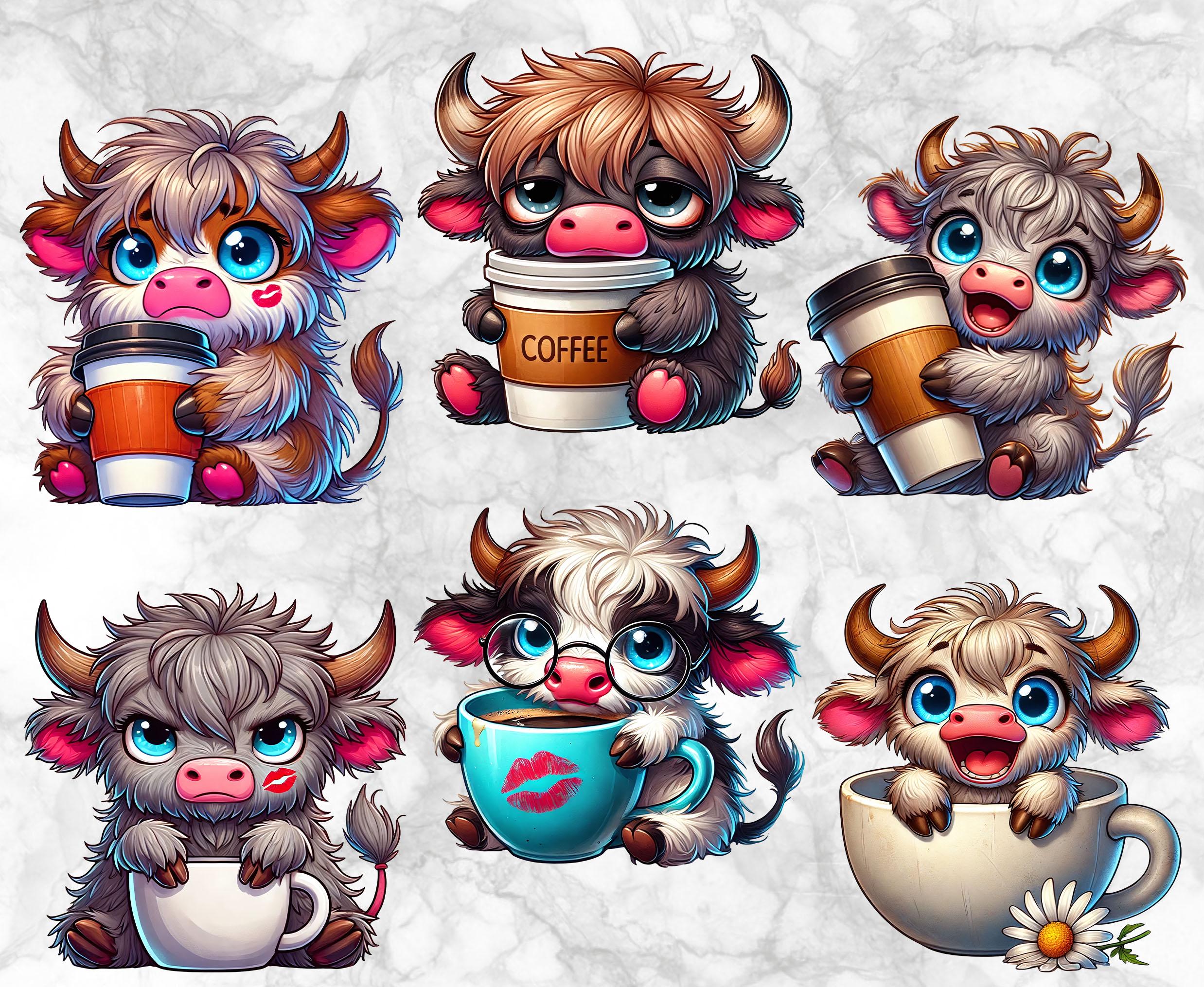 Cute Highland Cow Clipart Bundle, Coffee Lover Graphics, Kawaii Farm ...