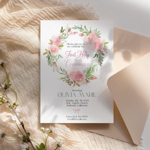 Spring First Communion Invitation Template Floral First Communion ...