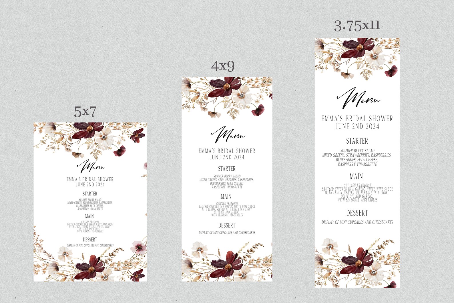 Bridal Shower Menu Card Template| Maroon and Beige Menu Card | Boho ...