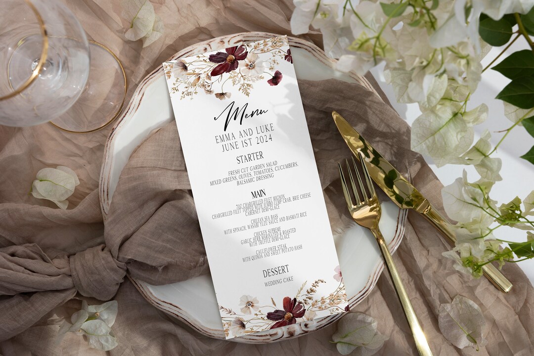 Wedding Menu Card Template| Maroon and Beige Menu Card | Boho Wedding ...