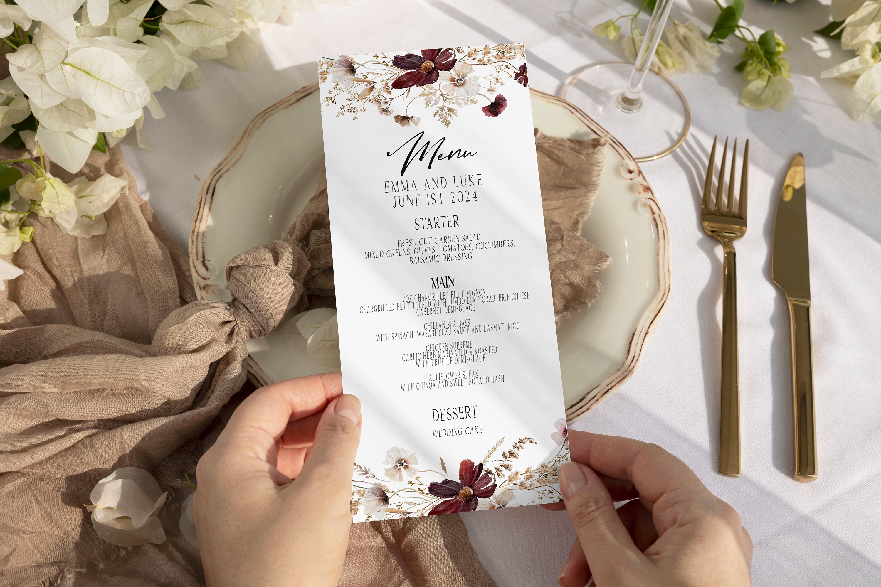 Wedding Menu Card Template| Maroon and Beige Menu Card | Boho Wedding ...