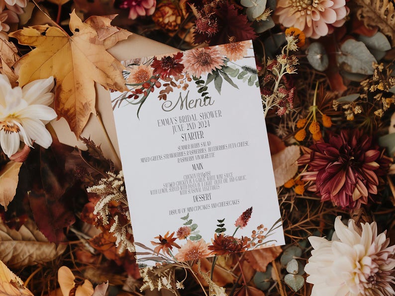 Bridal Shower Menu Card Template| Wedding Menu Card | Fall Bridal ...