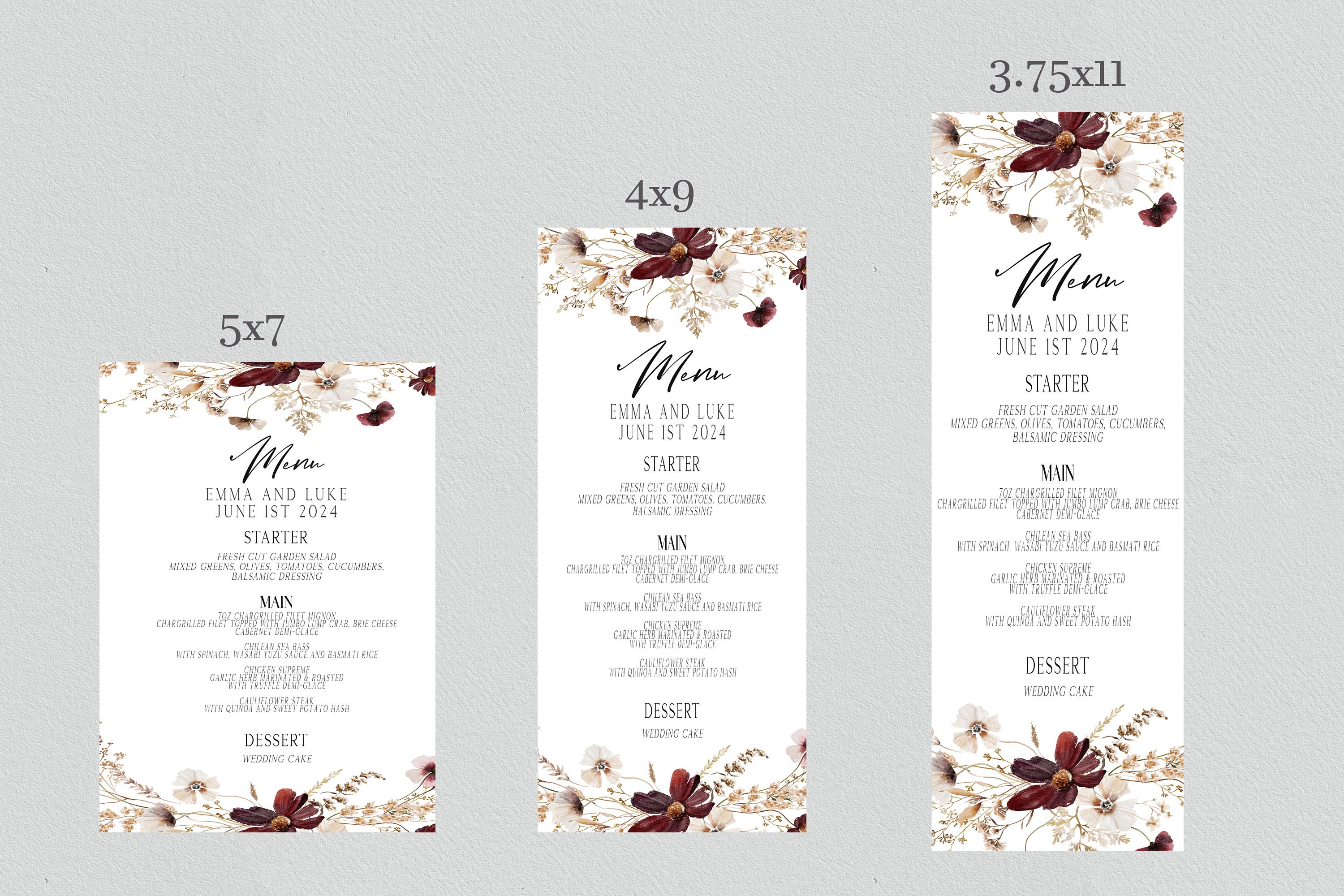 Wedding Menu Card Template| Maroon and Beige Menu Card | Boho Wedding ...