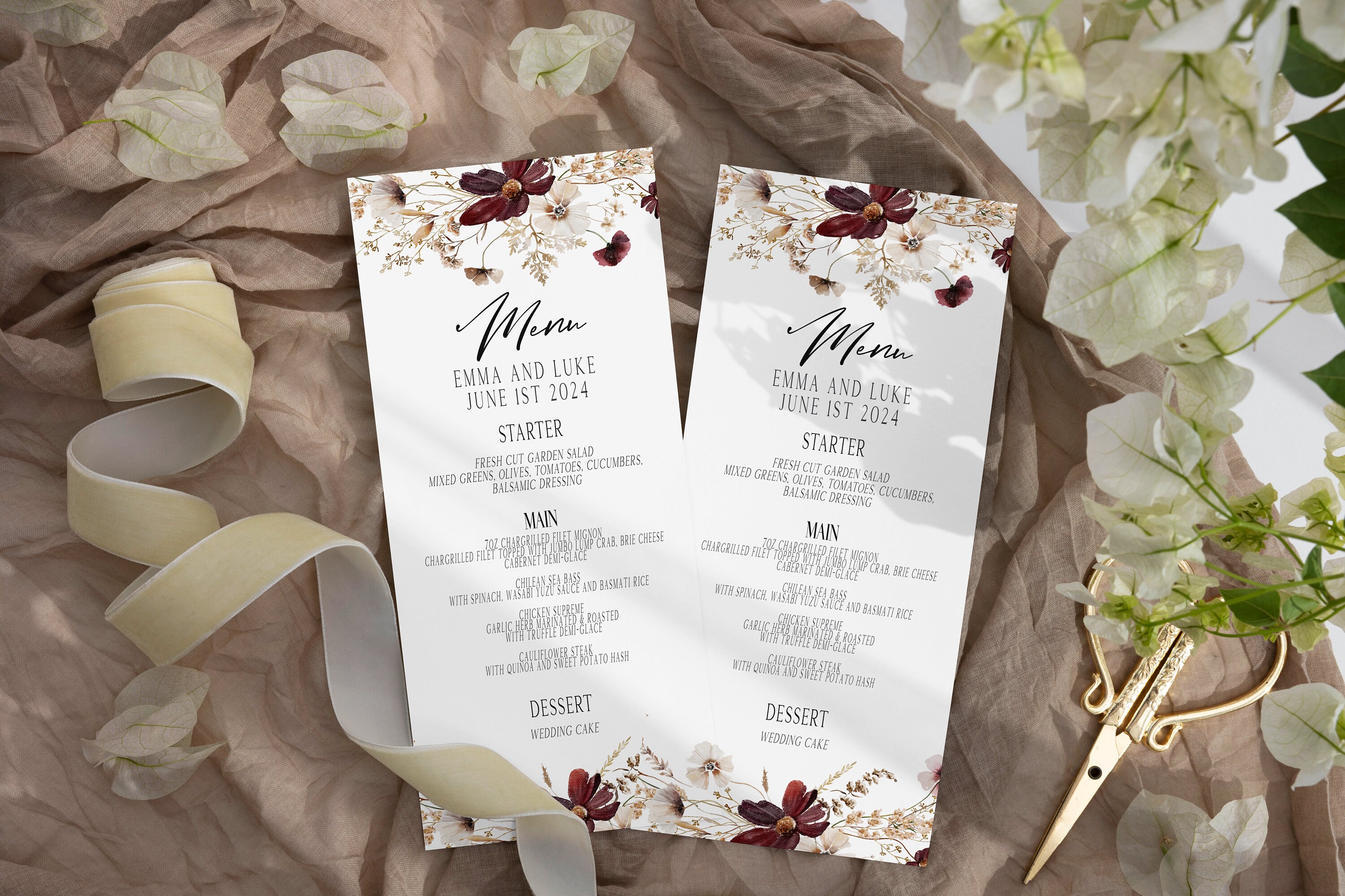 Wedding Menu Card Template| Maroon and Beige Menu Card | Boho Wedding ...