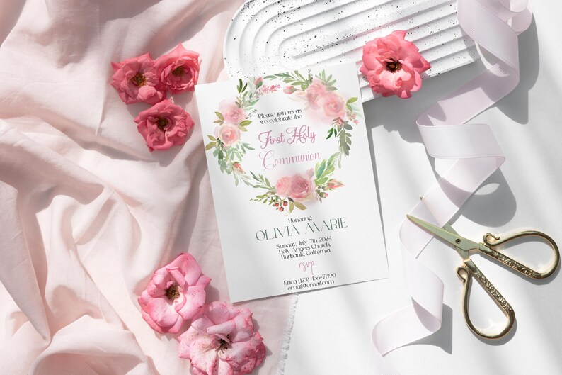 Spring First Communion Invitation Template| Floral First Communion ...