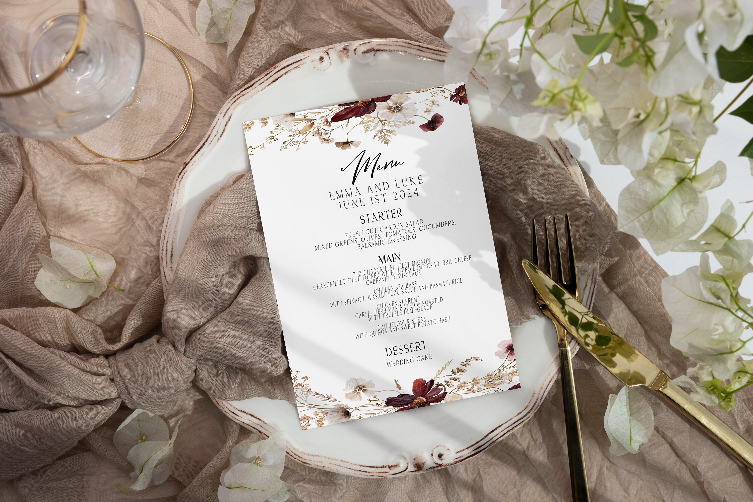 Wedding Menu Card Template| Maroon and Beige Menu Card | Boho Wedding ...