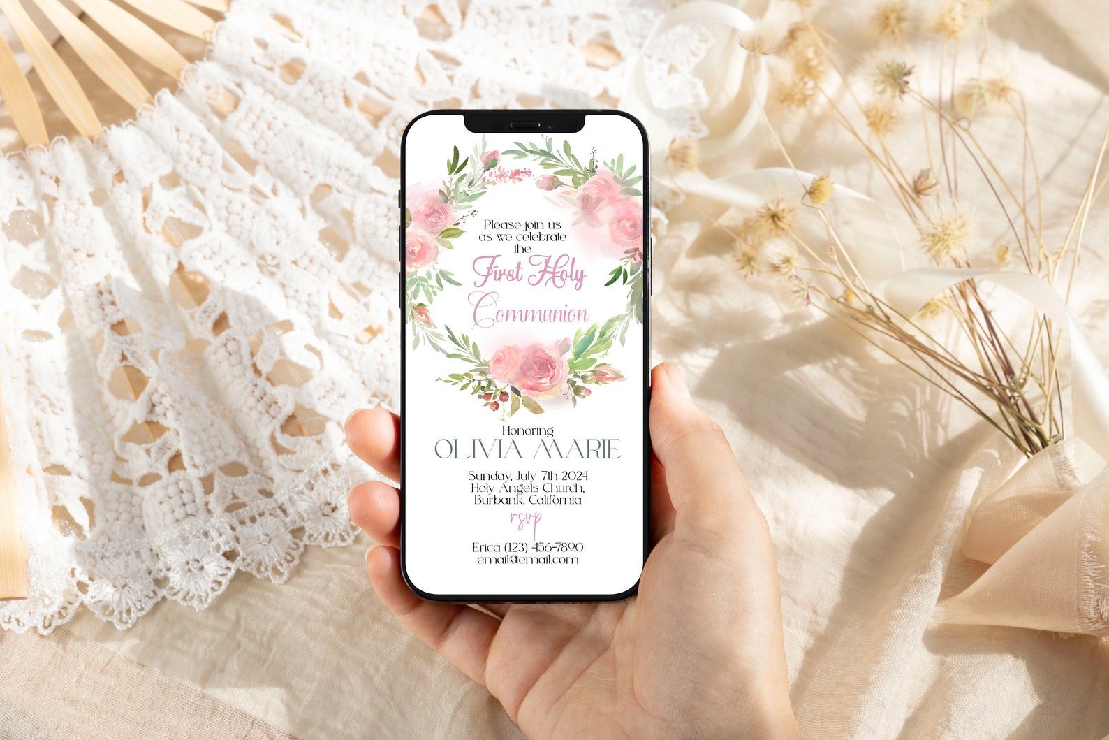 Spring First Communion Invitation Template Floral First Communion ...