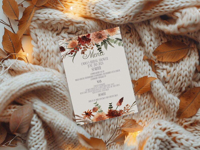Bridal Shower Menu Card Template| Wedding Menu Card | Fall Bridal ...