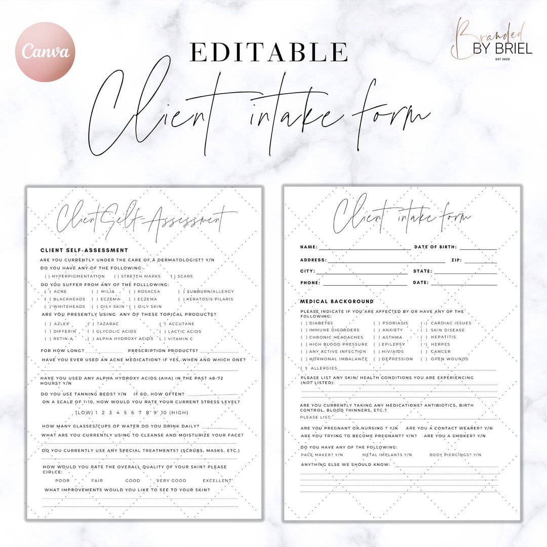 EDITABLE Client Intake Form and Client Self-assessment for Estheticians ...